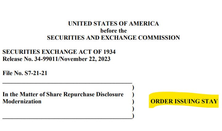 Stay Order Issued on SEC's Share Repurchase Rule